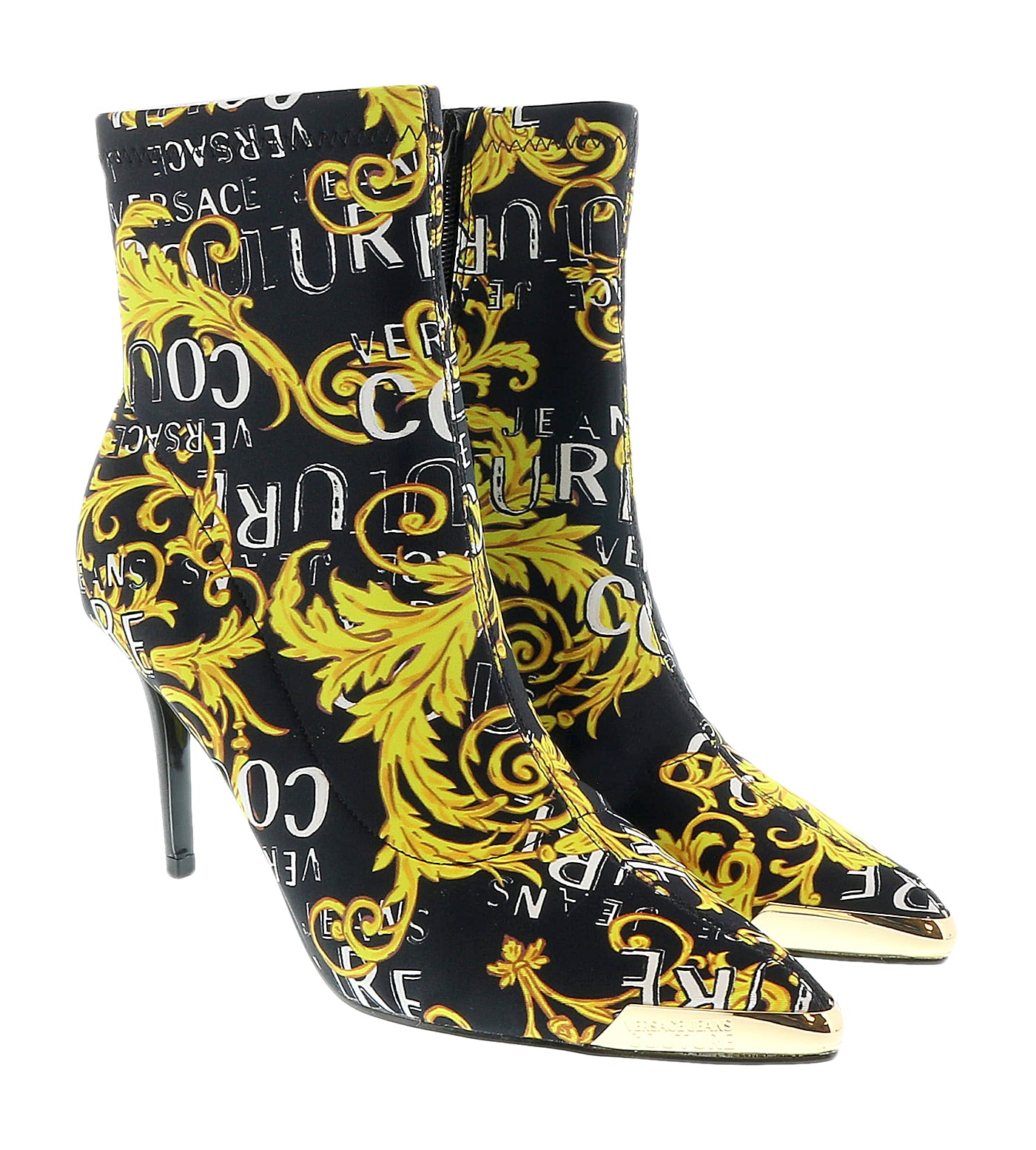 Versace Jeans Couture Black Gold Baroque Print Cap Toe High Heel Boots ...