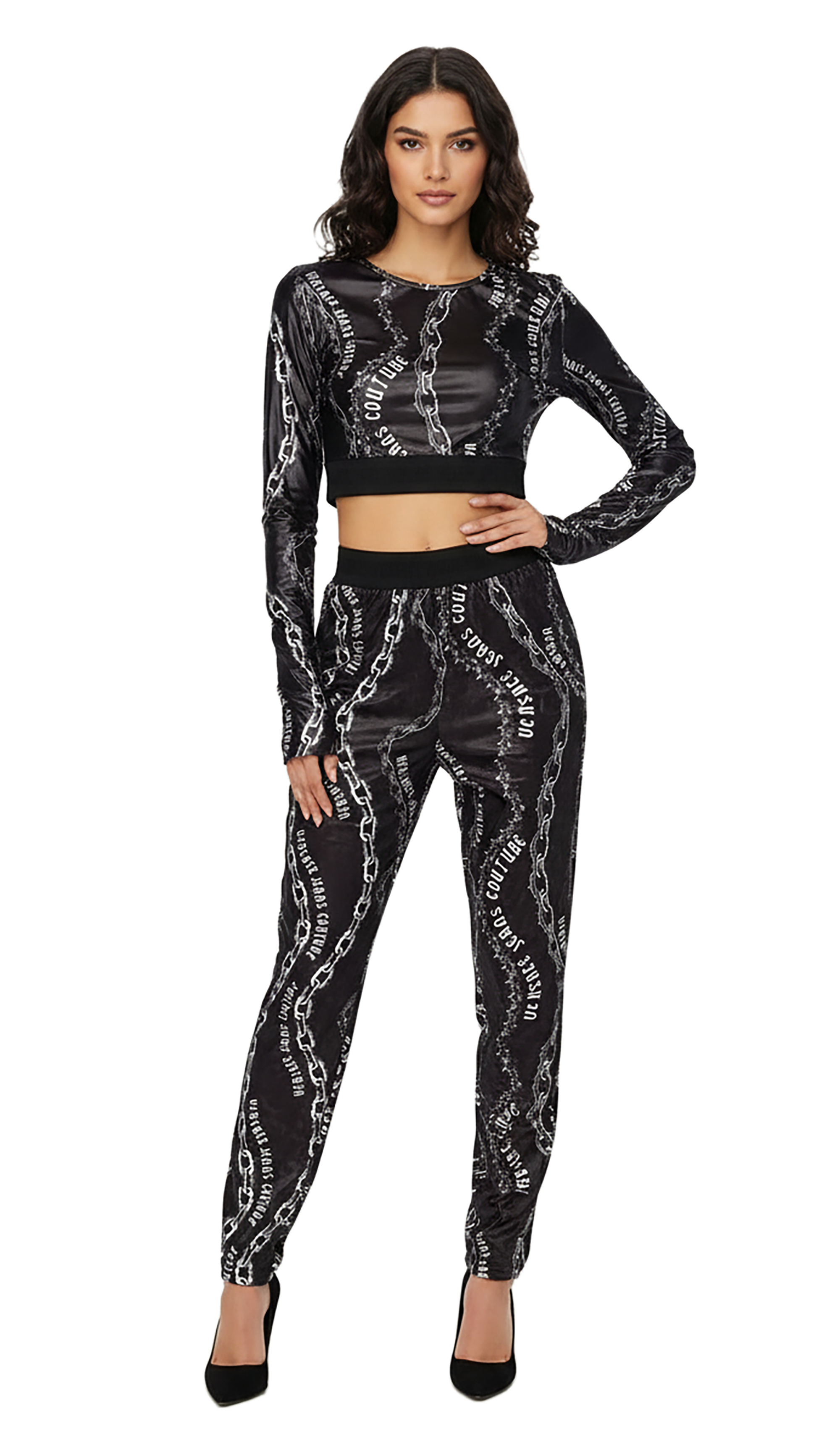Versace Jeans Couture Black Long Sleeve Chain Print Crop Top- – Bluefly