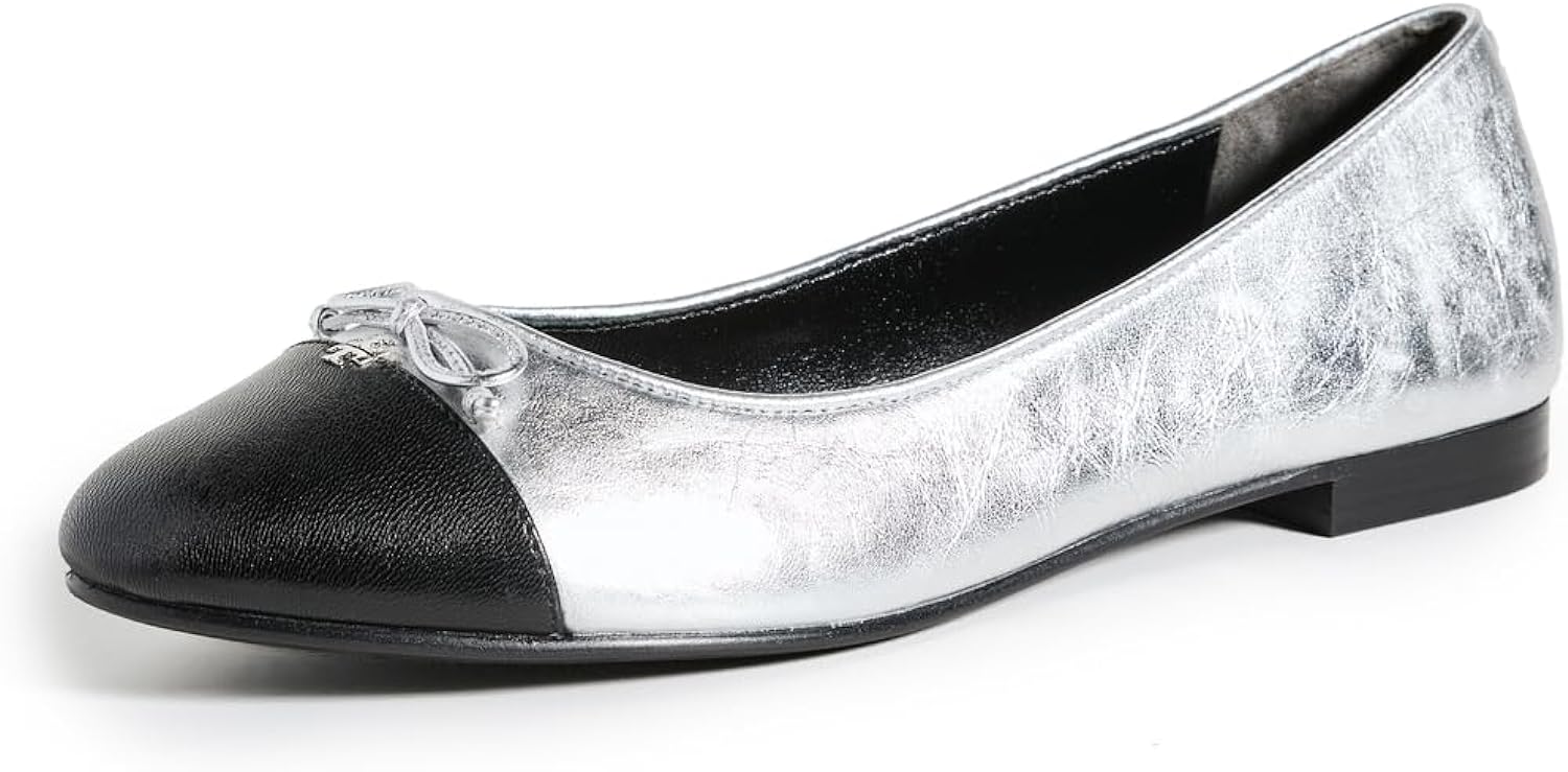 Tory Burch Women's Cap-Toe Ballet Flats w/Bow, Silver/Perfect Black ...