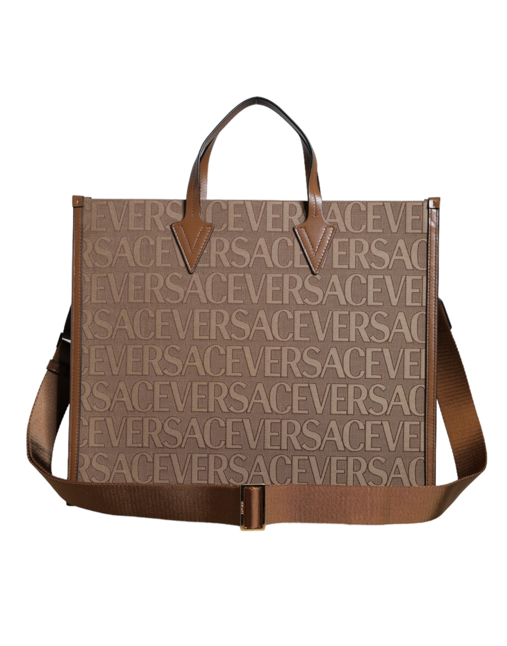 Versace Brown Top Handle Jacquard Leather Logo Crossbody Tote Women's ...
